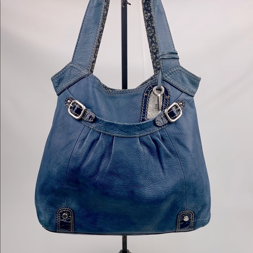 Vintage Fossil Blue Large Leather Shoulder Bag Key & … - Gem